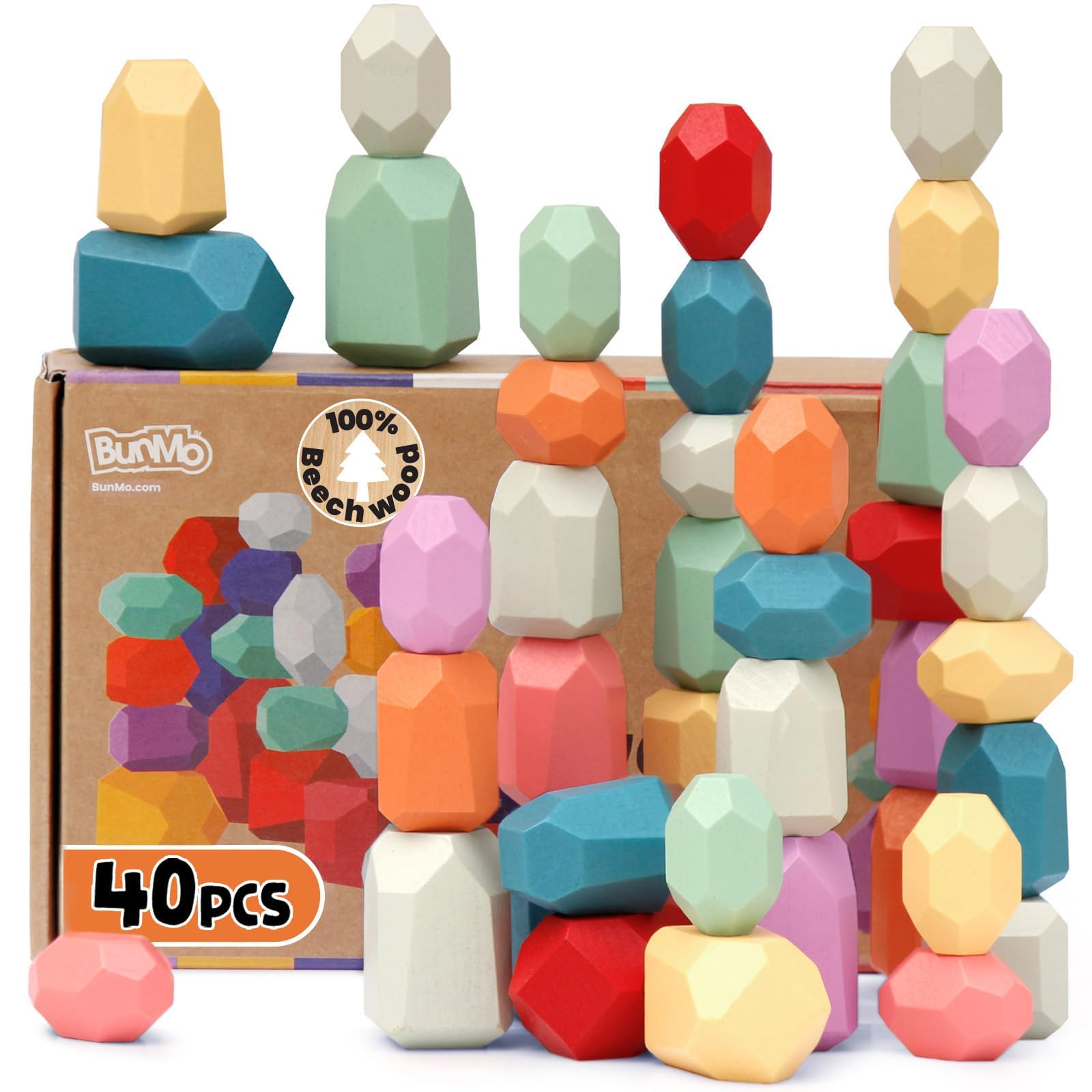 BUNMO Wooden Blocks - Stacking Rocks 40pcs - Montessori Toys for 3 Year Old - Stimulating Creative & Imaginative Play - Wood Blocks Stacking Toys - Toys for 3 Year Old Boy or Girl - Non-Mouthable Toy