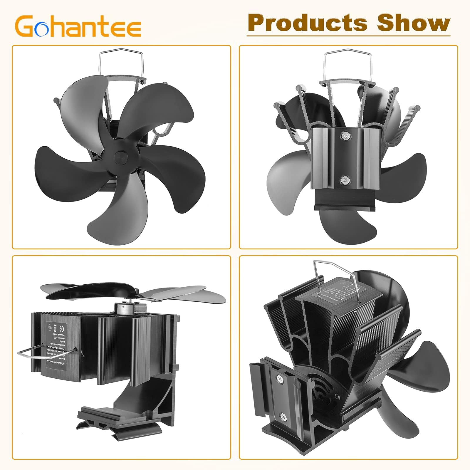 gohantee Heat Powered Stove Fan Hanging on Chimney Fireplace Fan 5 Blades Silent Operation for Wood Log Burner Fireplace Eco Friendly and Efficient Heat Distribution with Stove Thermometer