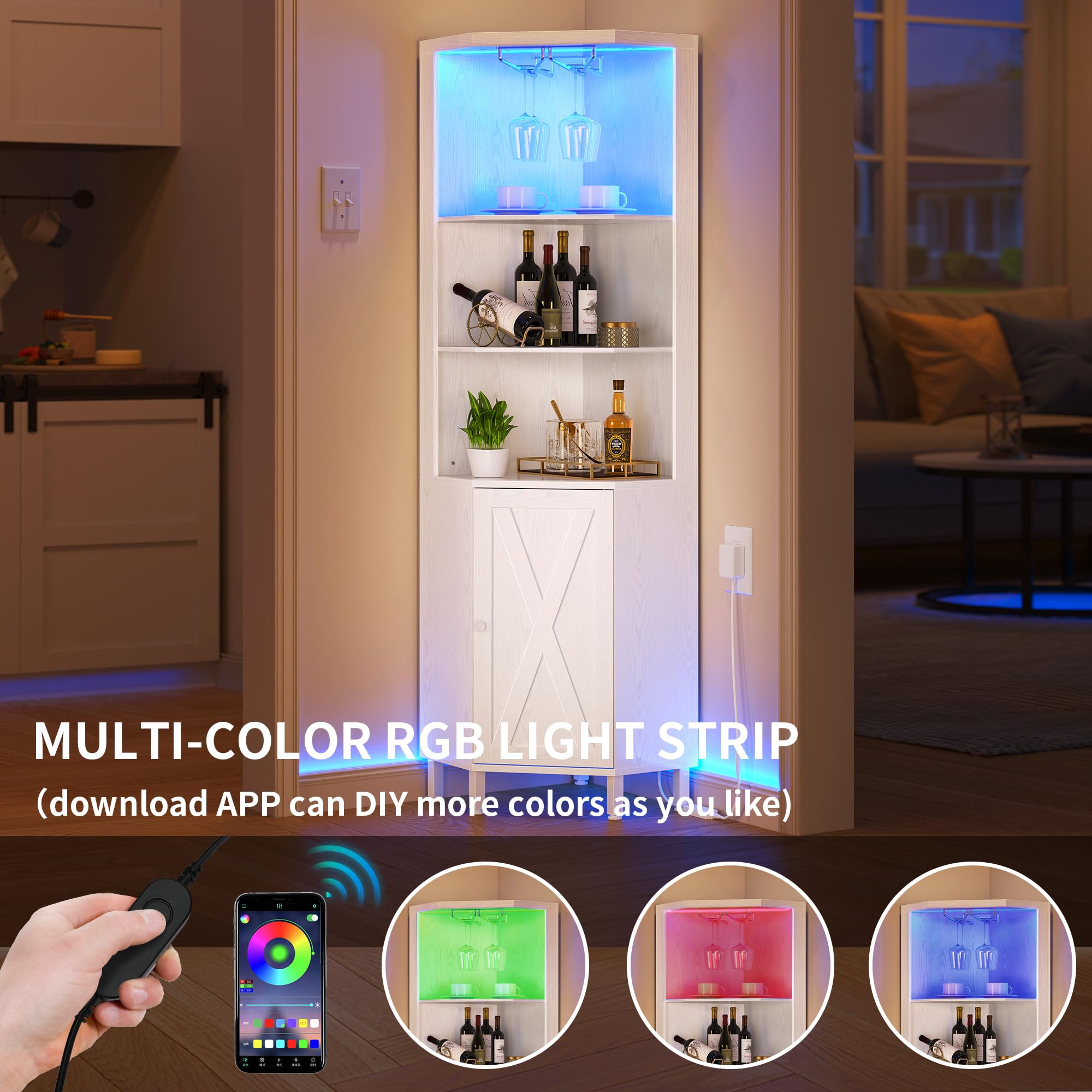 YITAHOME Corner Bar Cabinet with LED Lights & Glass Holder, 5 Tier Corner Shelf with Storage, Wine Rack Cabinet Display Shelves for Living Room, Dining Room, Kitchen, White