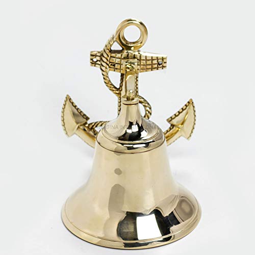 Nagina International 9" Premium Brass Polished Decorative Ornamental Anchor Bell | Pirate's Decorative Ship's Bell | Maritime Ocean Home Decor | Beach House Metal Bell