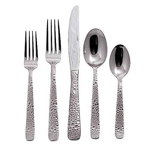 Vikko Silverware Set, Hammered Metal Set of Flatware, Service for 4 Strong and Durable 18/10 Stainless Steel Flatware Set, 20 Piece Set, Dishwasher Safe