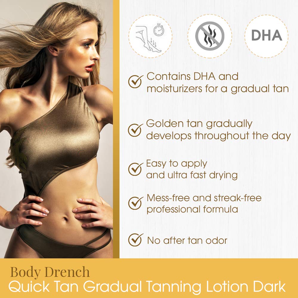 Body Drench Quick Tan Gradual Tanning/Bronzing Lotion | Self Tan, Sunless Tanner Solution for Mess Free Coverage | Dark, 8 Fl Oz