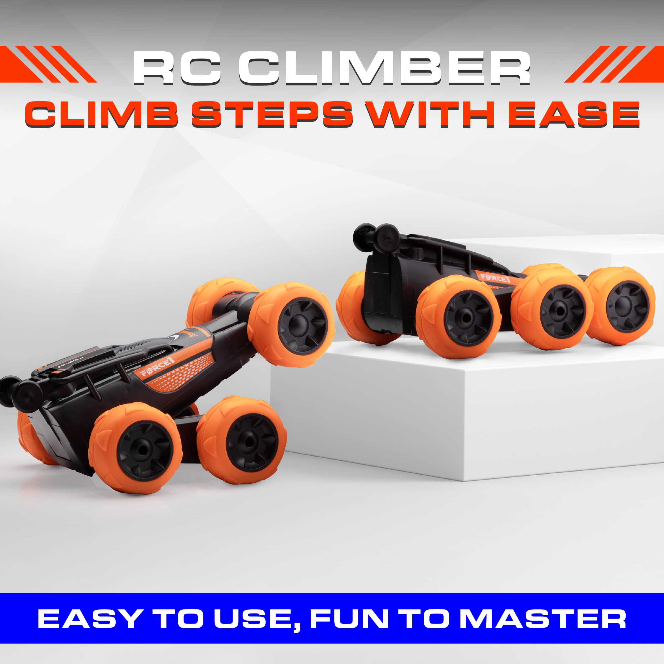 Force1 Atomic X Remote Control Car for Kids - 6 Wheeled RC Stunt Car Toy LED Double Sided 360 Flips Rotating RC Crawler Wheels, 2.4 GHZ Remote Control Indoor Outdoor Toy for Boys/Girls (Orange/Black)