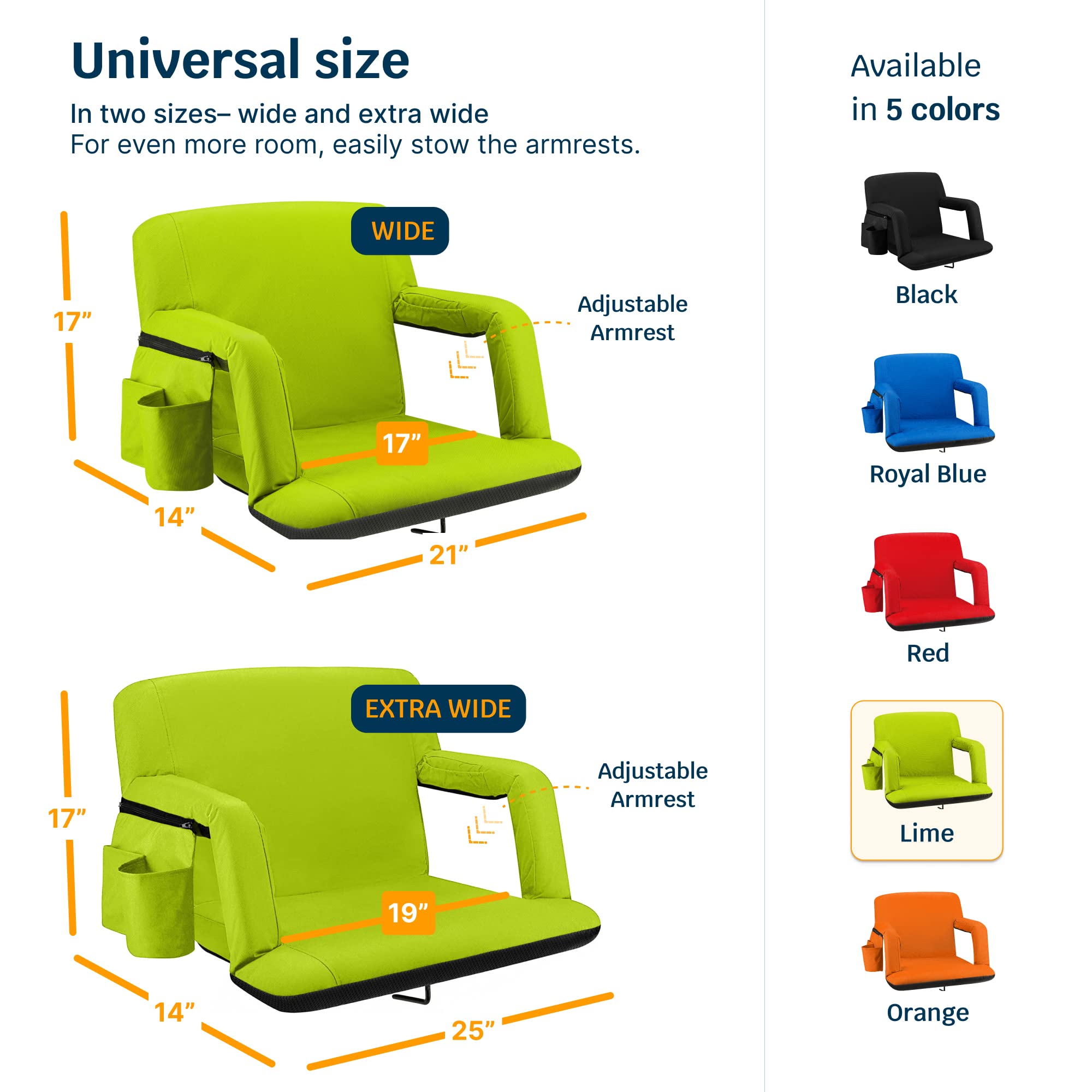 Alpcour Reclining Stadium Seat β Wide Bleacher Chair with Back Support and Cushion, Armrests, Side Pockets, and Bleachers Hook β Best Stadium Seats Chairs for Camping, Kayak, & Paddle Board Backs