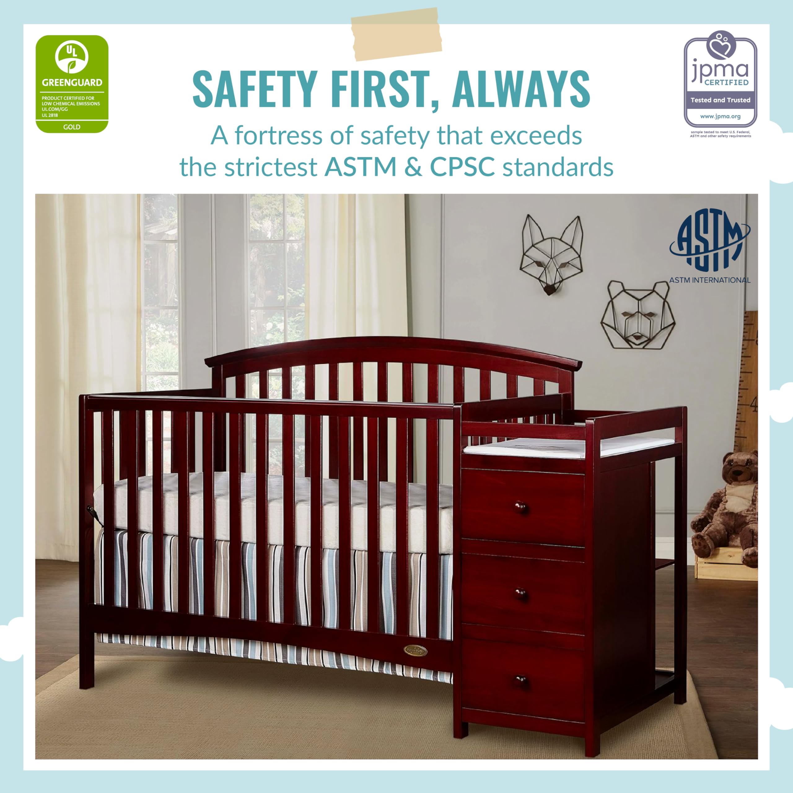 Dream On Me Niko 5-in-1 Convertible Crib with Changer in Cherry, Greenguard Gold Certified
