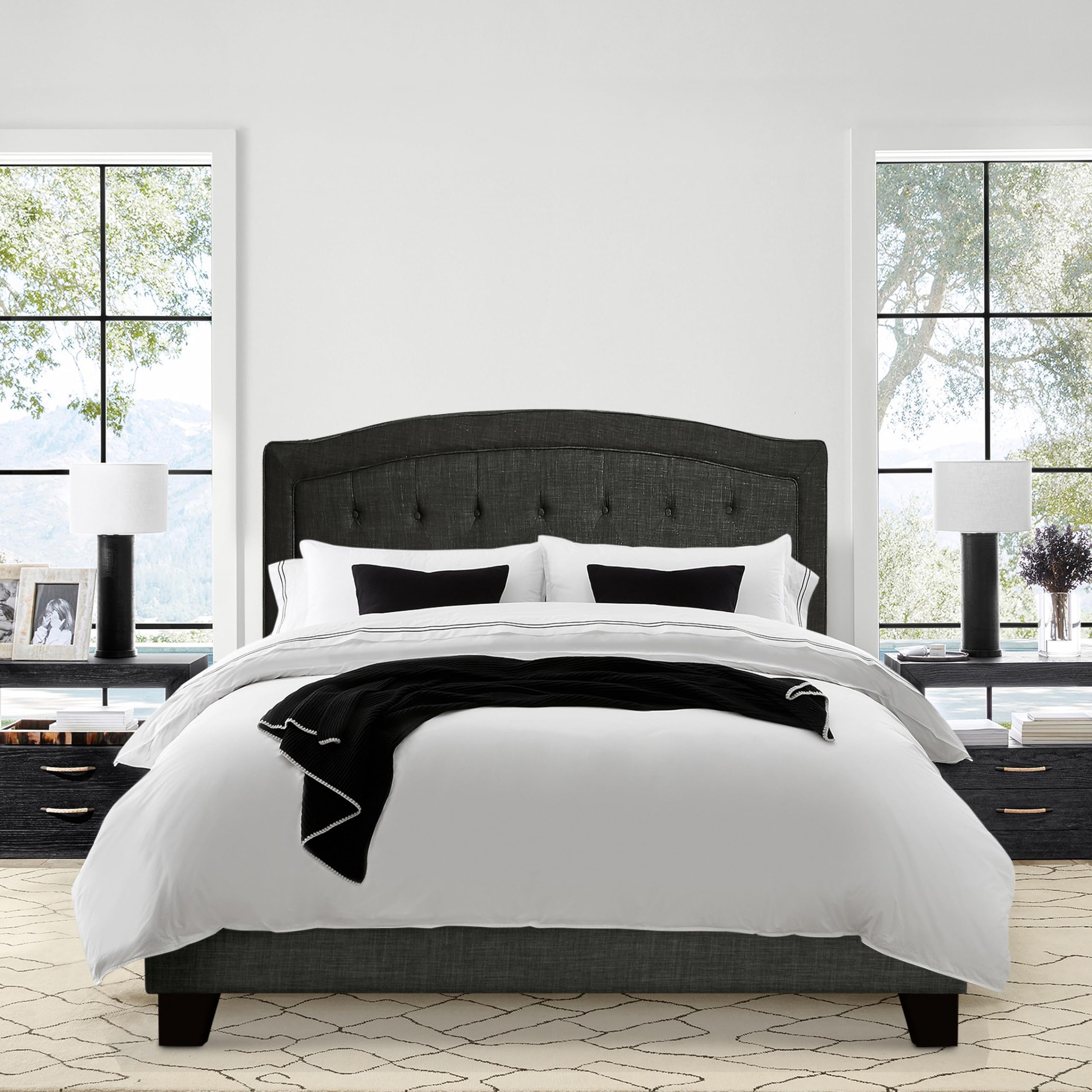 Rosevera Kane Frame with Adjustable Button-Tufted Headboard for Bedroom/Fabric Upholstered Bed and Footboard/Wood Slat Support Easy Assembly, King, Charcoal