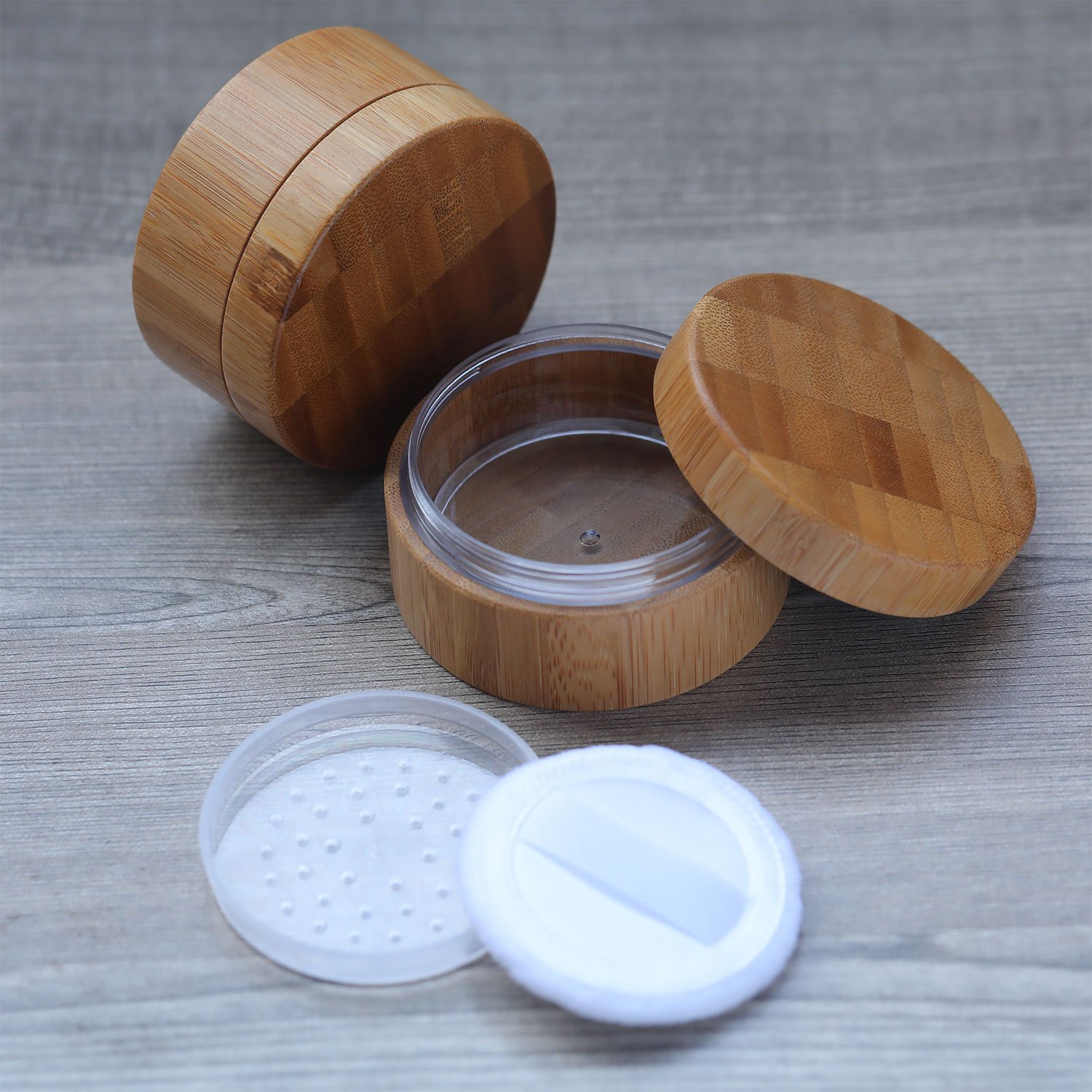 Frienda 30 ml Empty Loose Powder Container Bamboo Cosmetic Makeup Loose Powder Box Case Holder with Sifter Lids and Puff