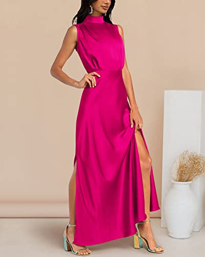 BTFBM Women Sleeveless Mock Neck Cocktail Dresses Keyhole Elastic Waist Party Wedding Guest Satin High Split Maxi Dress(Solid Rose Red, Medium)