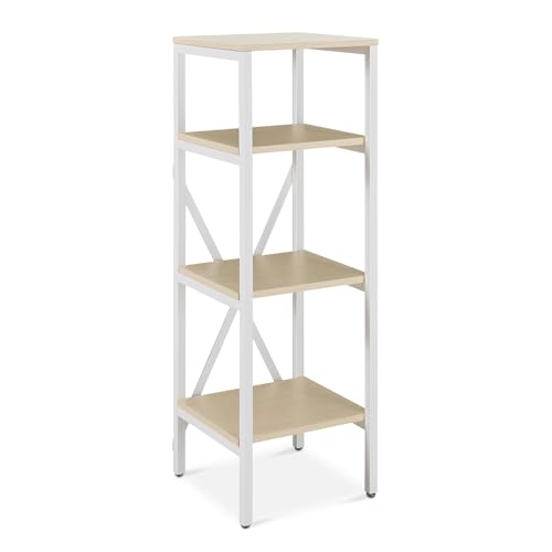 Brite Four Shelf Bookcase 48" H x 16" W x 16" D in Light Maple Laminate and White Metal Frame for Minimalist Bookshelf and Residential Furniture