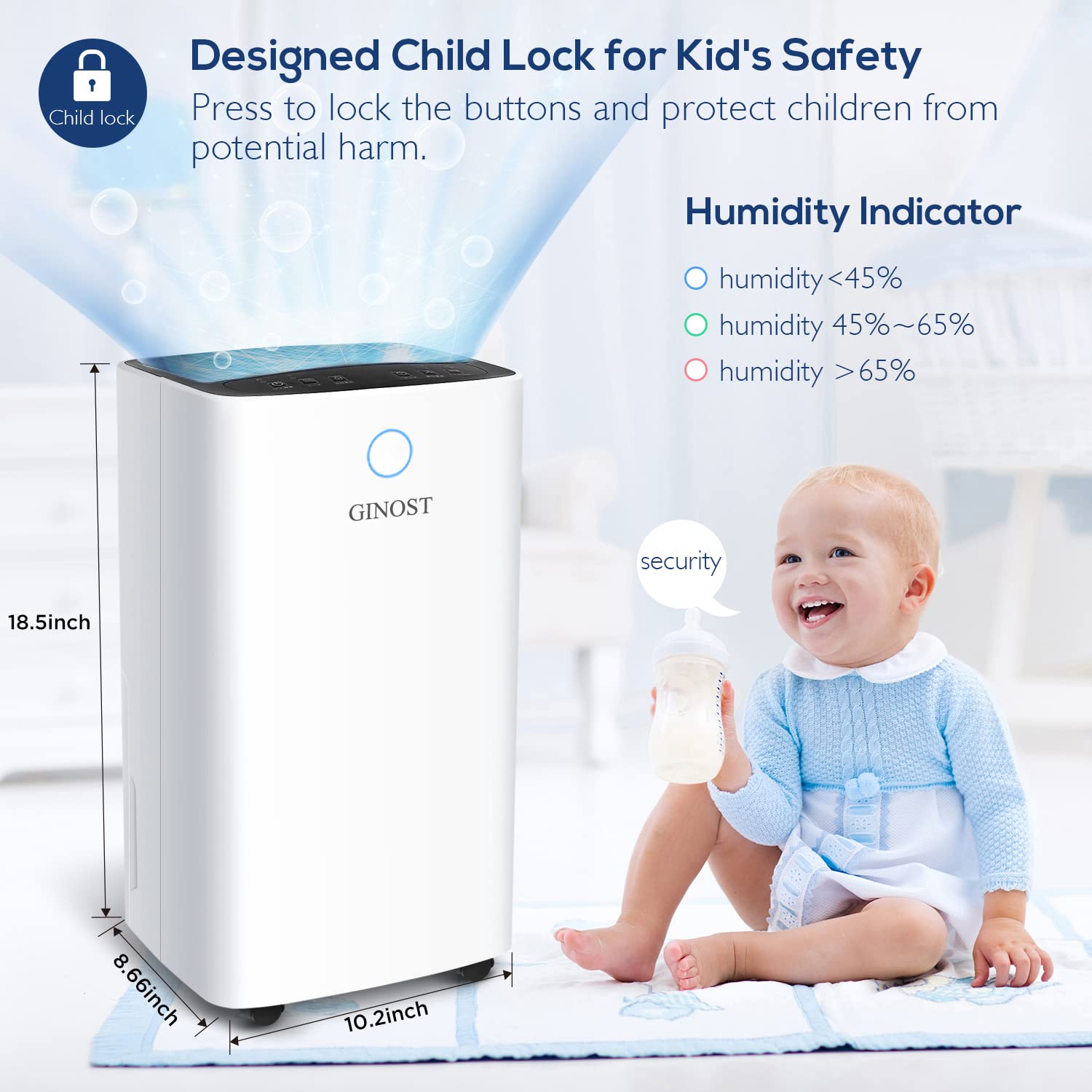 Dehumidifier for Home and Basements 25 Pints for 1500 Sq.Ft, 68oz(0.53gallon) Water Tank Capacity with Drain Hose, Intelligent Humidity Control, Childlock, Laundry Dry