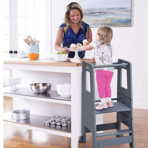 Kid's Wooden Kitchen Step Stool, Adjustable Platform Standing Tower, with Safety Guardrail Child Studying Tower, Toddler Stool for Bathroom, Cooking Helper(Grey)