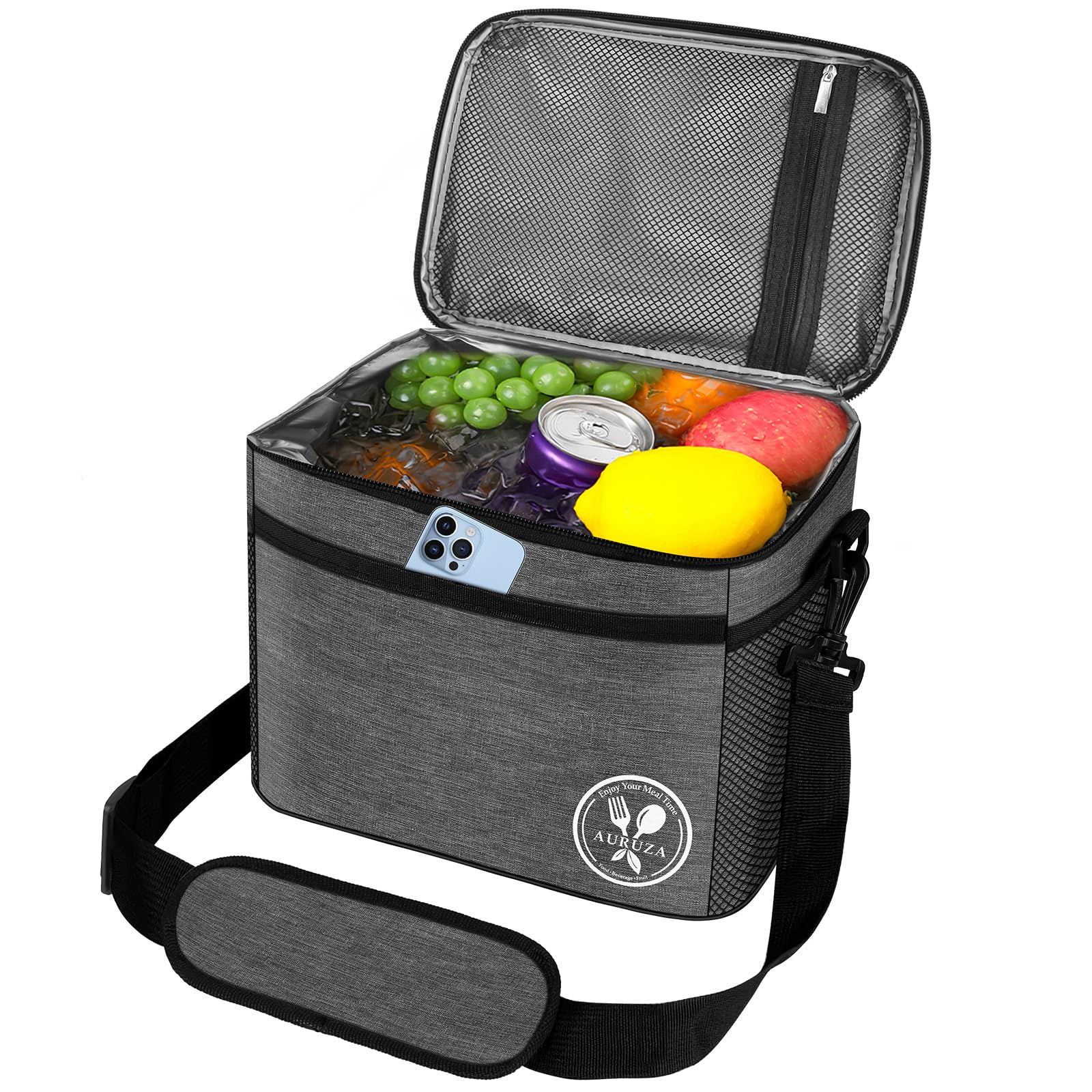AURUZA Insulated Lunch Bag, Black, Unisex, 10.24" x 7.09" x 8.27", 9.8L Capacity, Waterproof, Portable Design