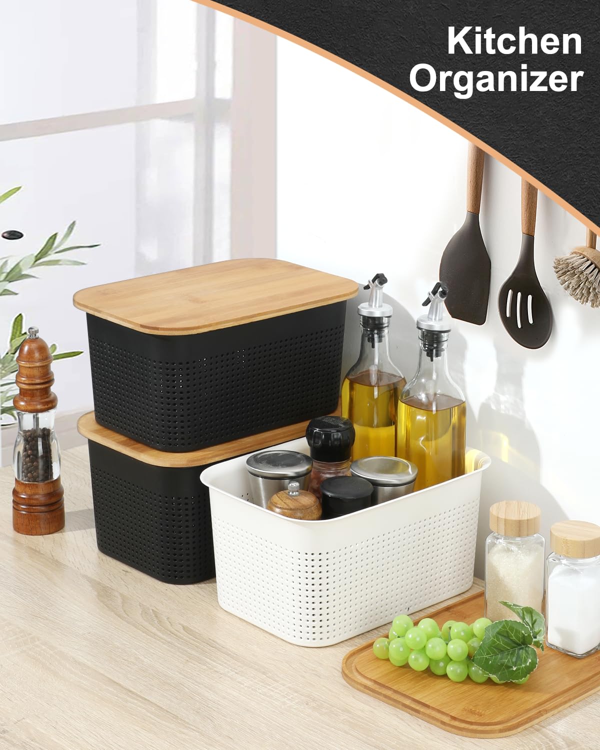 AREYZIN Plastic Storage Bins with Bamboo lids and Stackable Storage Baskets for Shelves - Organize Your Home or Office with These Space-Saving Storage Solution,6 Pack,White