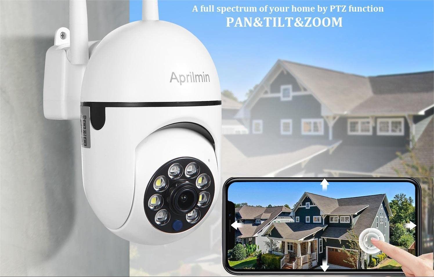 Aprilmin Security Camera Indoor with Spotlight and Siren, 2.4g 5G WiFi PTZ Wired HD Camera Indoor with 360° View, Color Night Vision, Two-Way Talk