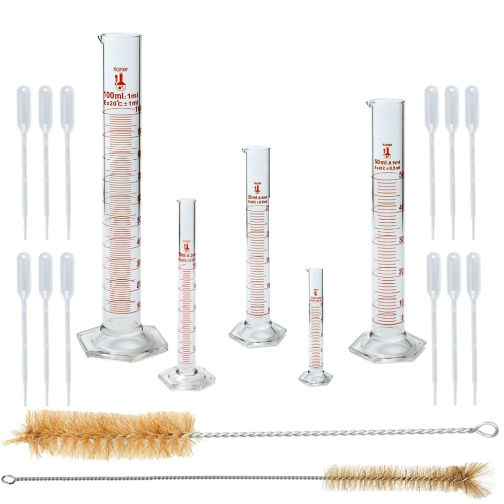 Glass Graduated Cylinder Set with Cleaning Brushes and Transfer Pipettes, Borosilicate Glass, 5 Sizes - 5,10,25,50, and 100ml, Karter Scientific 233G2