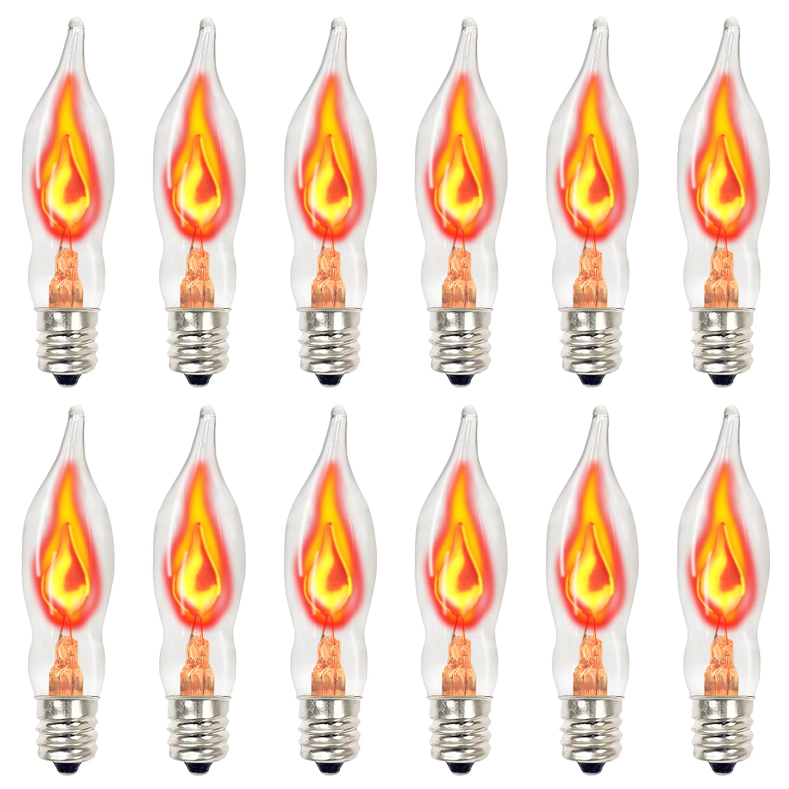 Aiyomt Christmas Flicker Flame Light Bulbs, Crystal Clear Chandelier Flickering C7/E12 Orange Flame Bulb for Electric Window Candles Halloween Party Christmas Decor, Flame Shaped, 1 Watts, 12 Pack