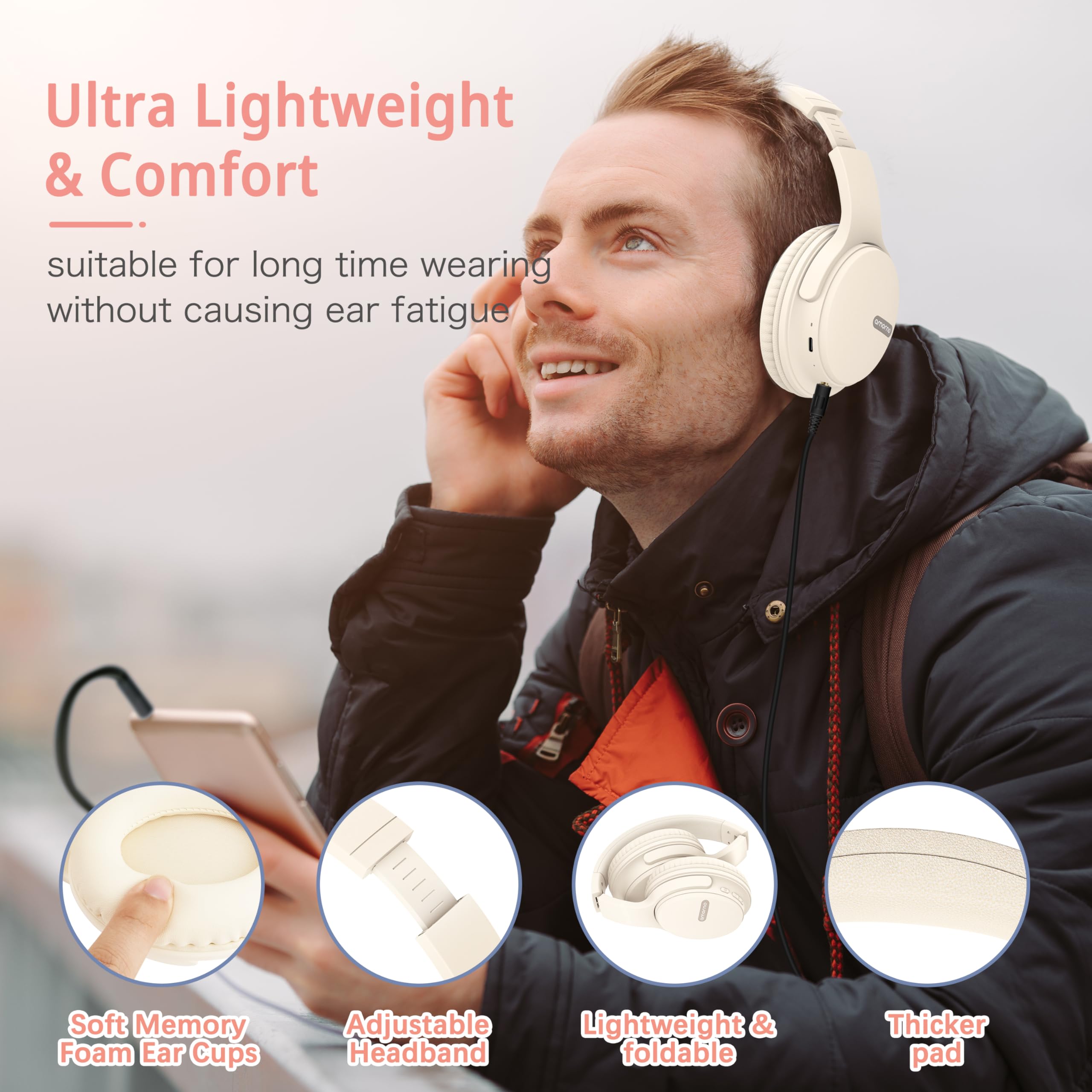 AMORNO Bluetooth Headphones Over Ear, 68 Hours Playtime Wireless Headphones with Mic, Foldable Adjustable Lightweight Hifi Stereo Headset for Cellphone/PC/Work/Travel (White)