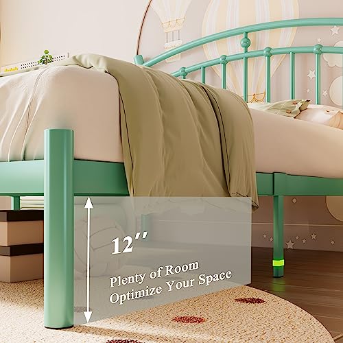 Feonase Twin Size Metal Platform Bed Frame with Retro Headboard, Hardened Steel Tube, 12" Under-Bed Storage, No Box Spring Needed, Easy Assembly, Mint Green