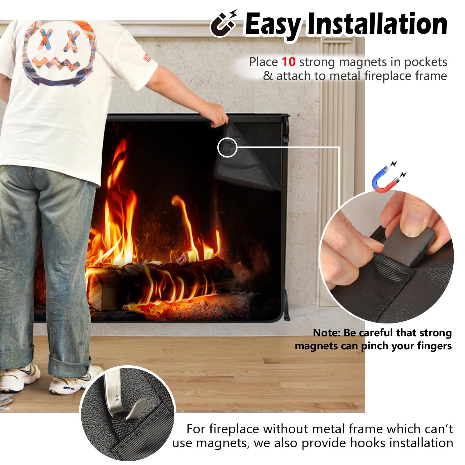 Magnetic Fireplace Cover for Inside Fireplace Stops Heat Loss, Fireplace Blanket Draft Stopper for Winter & Summer, Hot & Cold Air Blocker, Flame, 38”W X 31”H Insulated Fireplace Draft Cover