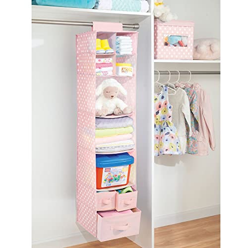 mDesign Fabric Hanging Organizer - Over Closet Rod Storage with 7 Shelves and 3 Removable Drawers for Baby Nursery Bedroom Organization - Hold Clothes, Linens, Toys, Accessories - Pink/White Polka Dot
