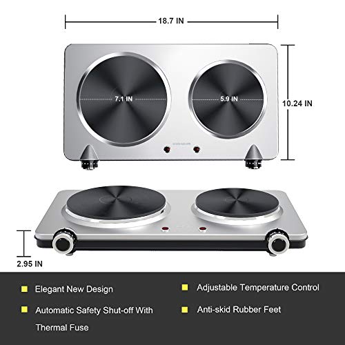 GIVENEU Electric Double Burner Hot Plate for Cooking, 1800W Portable Electric Stove, 6 Speed Adjustable Thermostats, Stainless Steel Hot Plate for Kitchen, Dorm and Camping