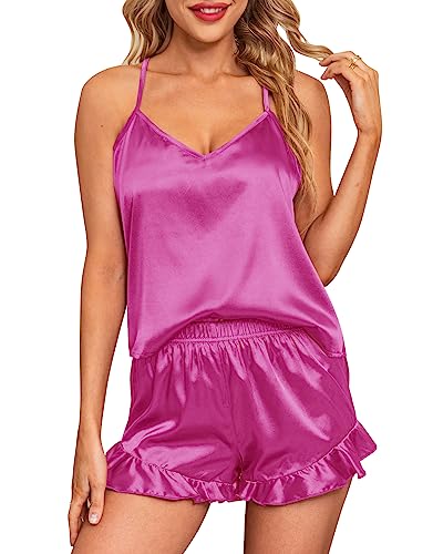 FERDAT Women's Silk Pajamas Set Satin Ruffle Lingerie 2 Piece Pjs Cami Top and Shorts Sleepwear Rose