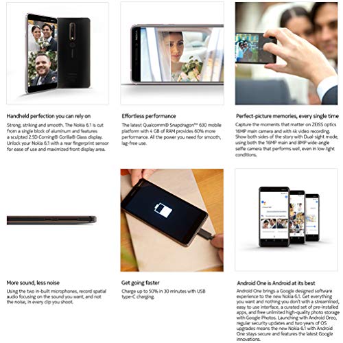 Nokia 6.1 (2018) - Android 9.0 Pie - 32 GB - Dual SIM Unlocked Smartphone (AT&T/T-Mobile/MetroPCS/Cricket/H2O) - 5.5" Screen - Black - U.S. Warranty