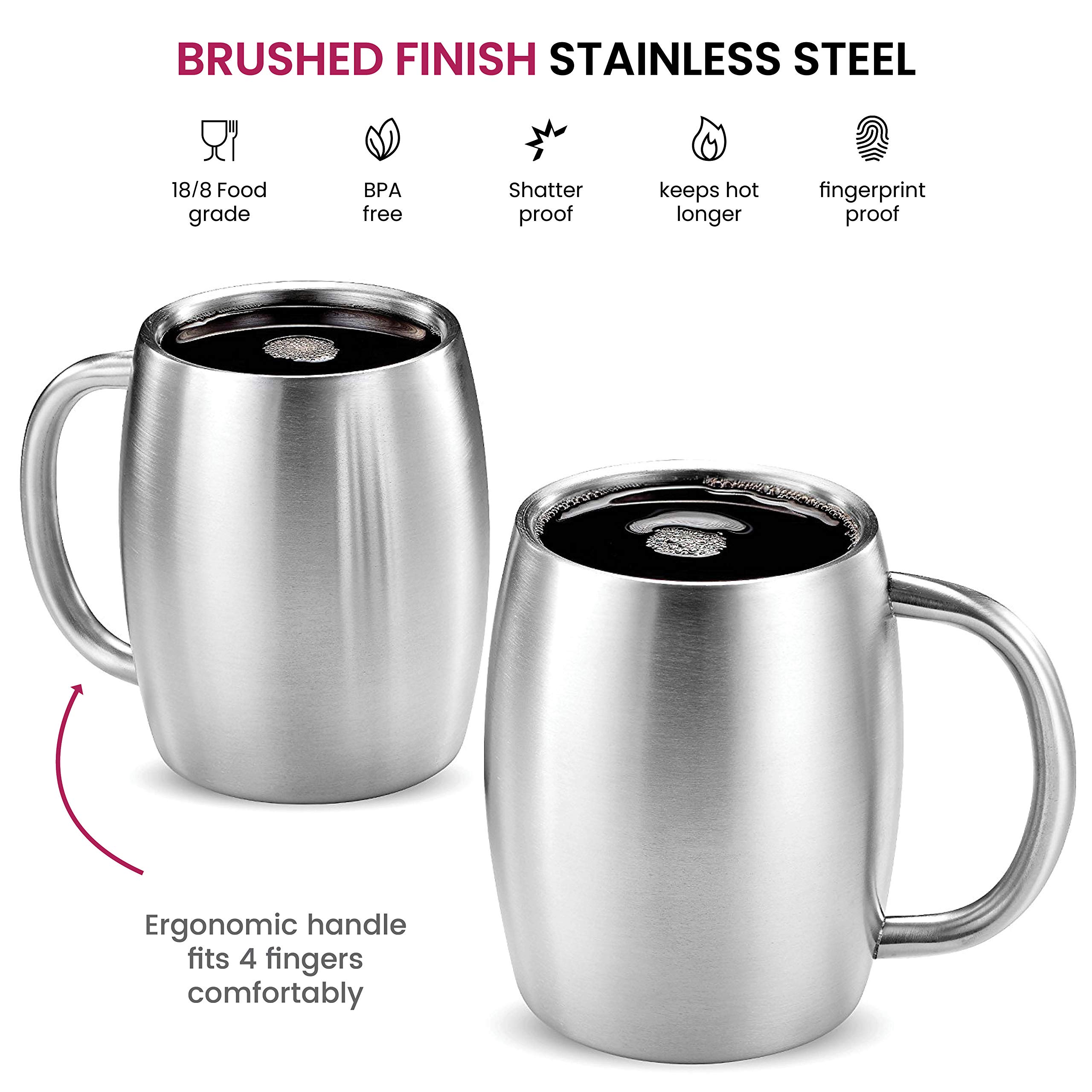 FineDine Insulated Stainless-Steel Coffee Mug with Lid and Handle (2 Pk) 14 oz - BPA-Free Spillproof Lid, Double-Wall Camping Travel Coffee Mugs, White/Black