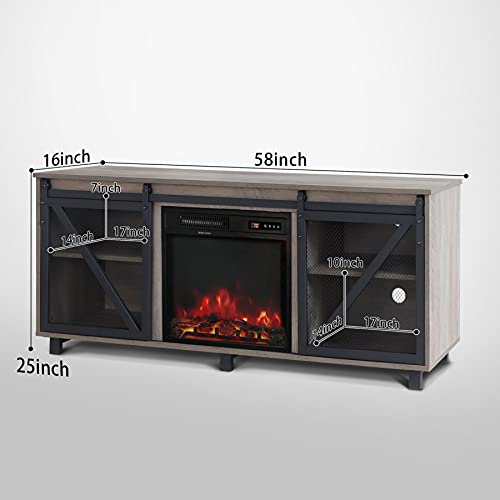 ENSTVER 58 Inch TV Stand Console W/Sliding Barn Door for TVs up to 65",with Fireplace and Remote Control,Grey(Log Set)