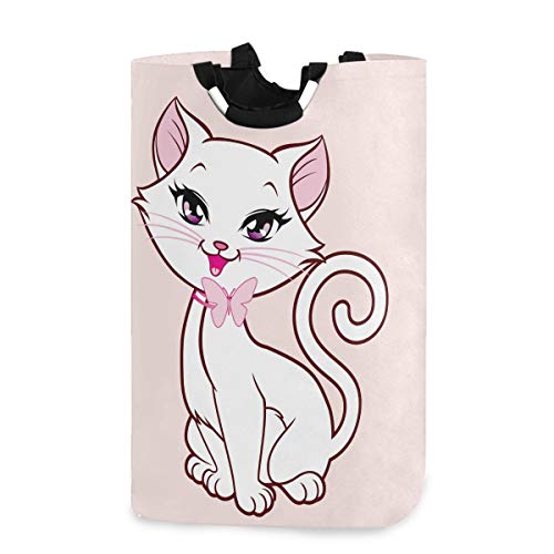 Kaariok Pink Cute Cat Kitten Animal Laundry Hamper with Handles Waterproof Collapsible Storage Basket Large Dirty Clothes Bin for Laundry Room, 22.7 Inches