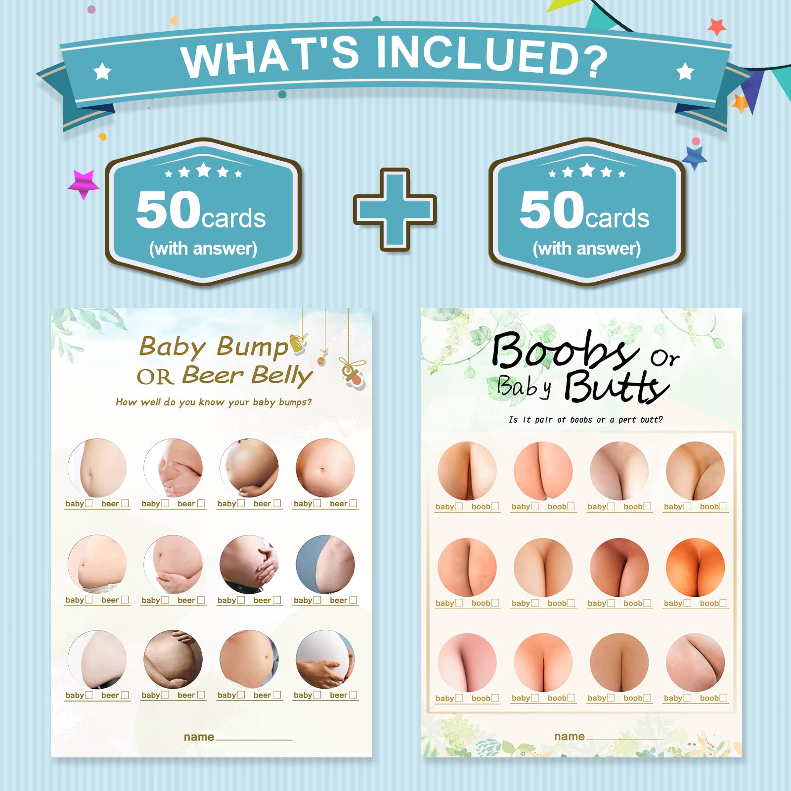 OLOUTAB Baby Shower Games-2 Games(50 of Each),Double-Sided,Fun,Hilarious and Easy to Play,Baby Shower Gender Neutral,with Answer Keys
