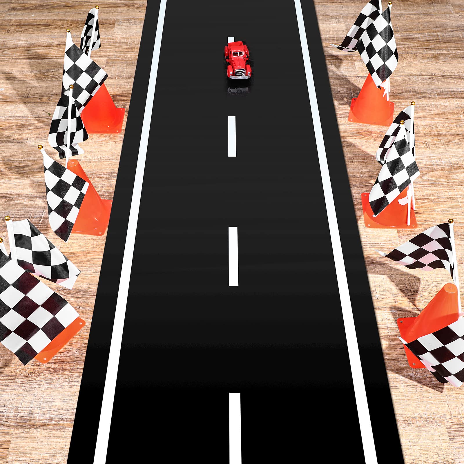 Racetrack Floor Running Black Racer Party Decoration Mat Road Table Runner Long Racetrack Tablecloth Drag for Party (Simple Style,16 ft x 2 ft)