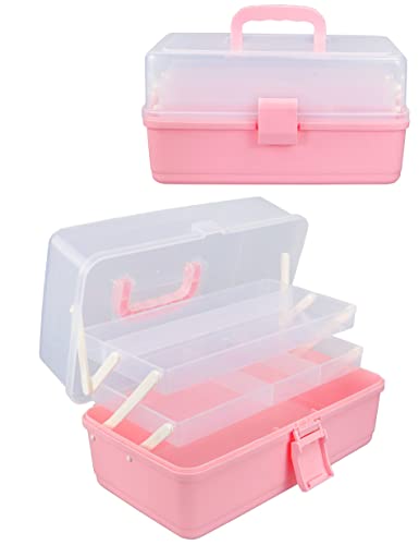 Beoccudo Pink Craft Box Art Box 3 Layers Plastic Portable Storage Box with Handle Nail Sewing Organizer Pink Tool Box Hair Supply Storage