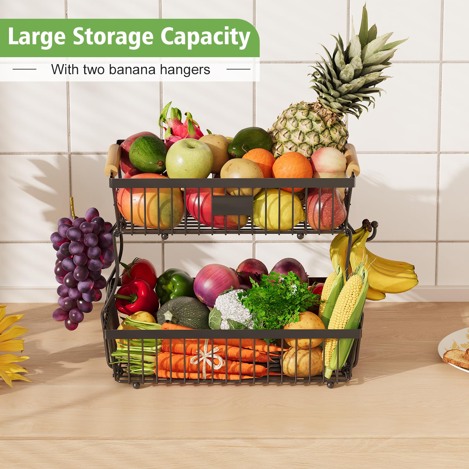 Astrorhine 2 Tier Fruit Basket for Kitchen with 2 Banana Hangers, Detachable Metal Wire Fruit Bowl for Kitchen Counter, Large Capacity Fruit Vegetables Storage Stand Holder for Snack Fruit Veggies
