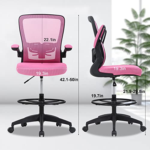 Drafting Chair Tall Office Chair Mid-Back Mesh Ergonomic Computer Chair High Adjustable Standing Desk Chair with Lumbar Support Adjustable Foot Ring and Flip-Up Arms (Pink)
