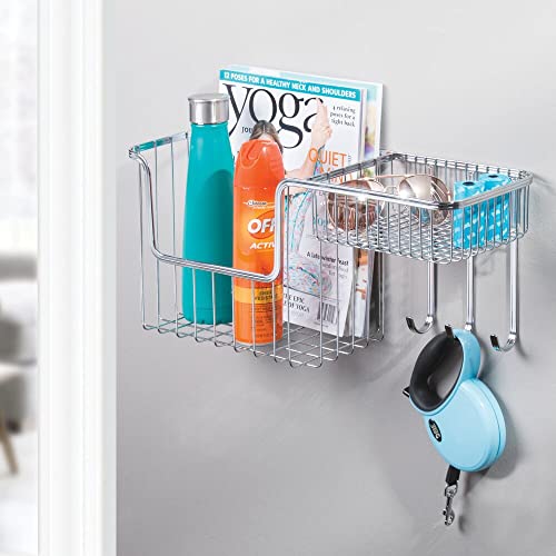 mDesign Metal Wire Wall Mount Entryway Storage Organizer Mail Basket Holder with 3 Hooks, 2 Compartments - for Organizing Letters, Magazines, Keys, Coats, Leashes - Chrome