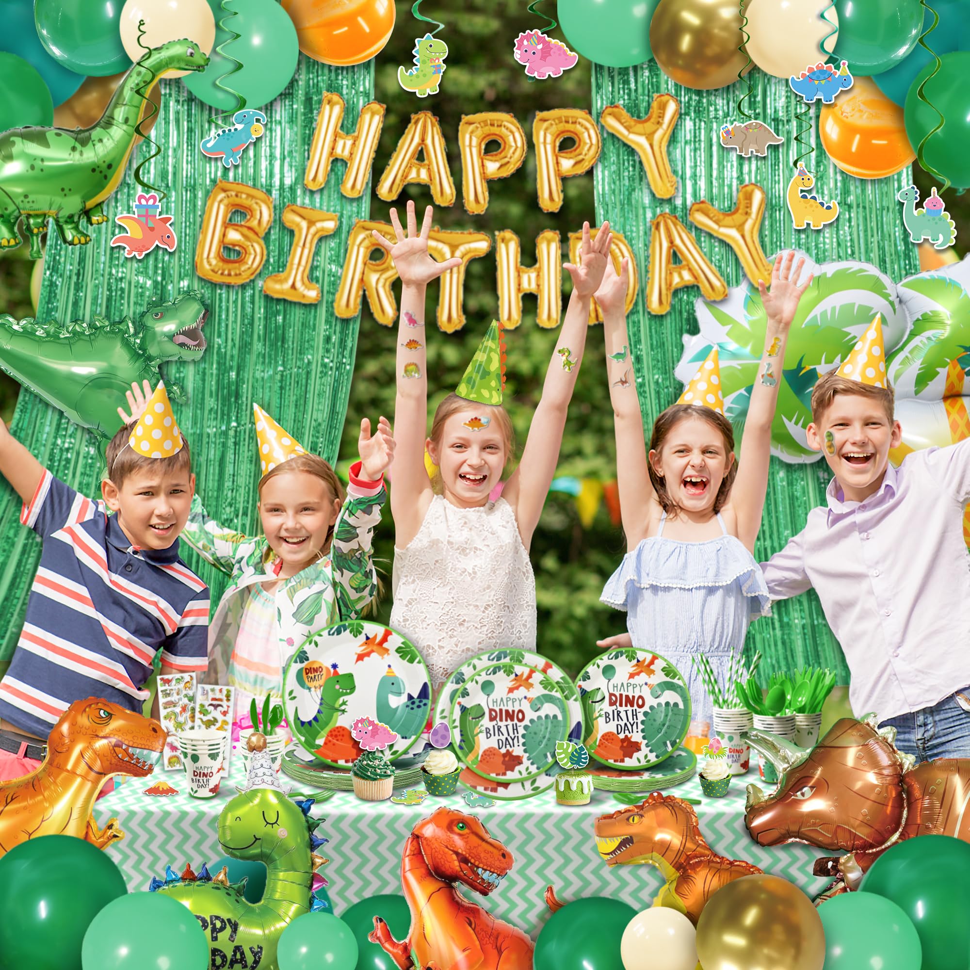 Party Spot! 260 Pcs Dinosaur Birthday Decorations, 20 Tableware Sets, Dinosaur Foil Balloons, Sticker, Banner, Dinosaur Paper Plates, Cups, Balloon Pump, Dinosaur Party Decorations