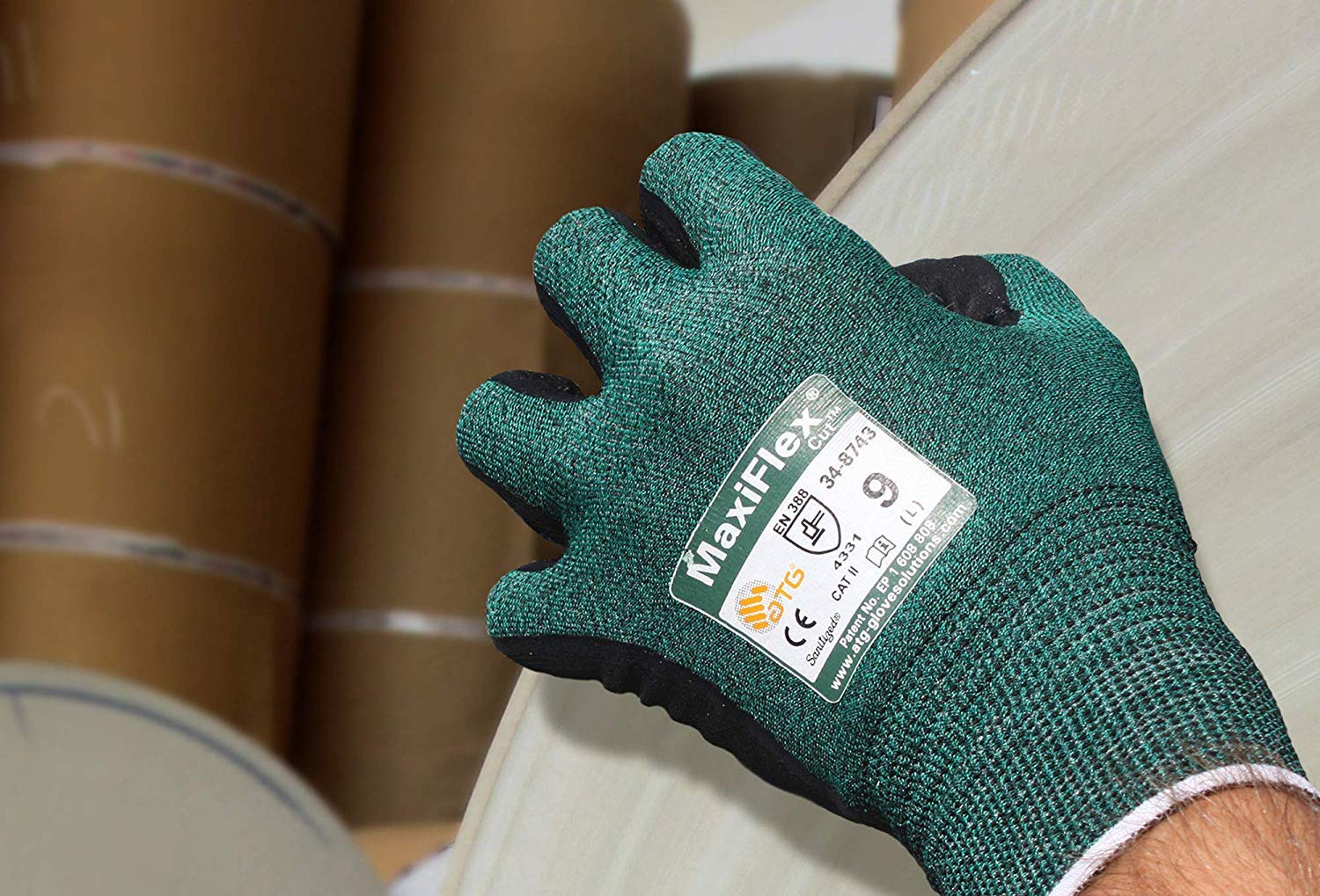 MaxiFlex Cut 34-8743 Cut Resistant Nitrile Coated Work Gloves with Green Knit Shell and Premium Nitrile Coated Micro-Foam Grip on Palm & Fingers