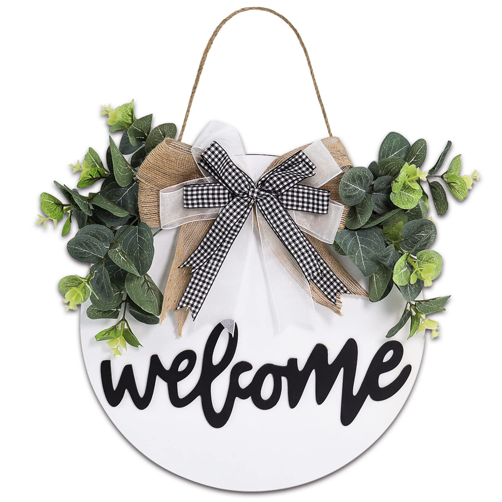 Consine White Welcome Sign for Front Door, Rustic Front Porch Decor, 12 inch Round Wooden Hanging Board with Bow and Eucalyptus, Decoration for Outdoor, Yard, Garden, Farmhouse
