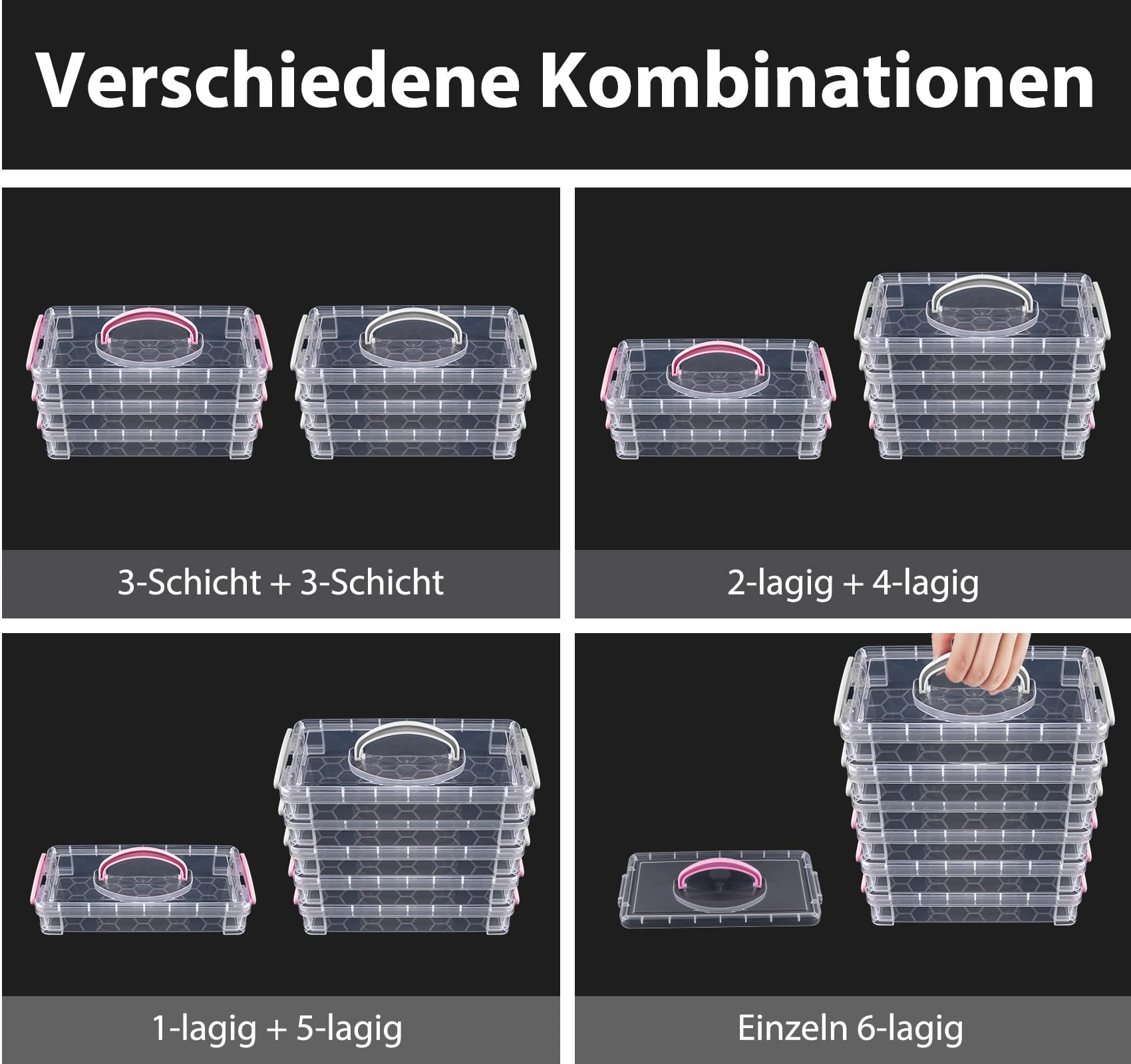 Anstore Storage Bins with Lids, 2 x 3 Tier Stackable Clear Plastic Storage Bins, Storage Container with Handle for Home, Office Supplies and Craft organization and Storage(Pink&Grey)
