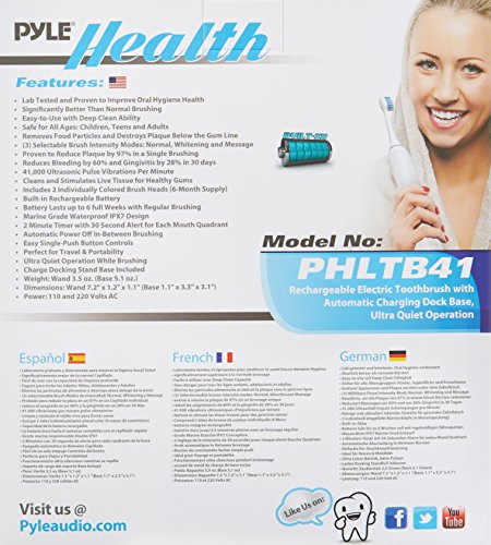 Pyle Health Ultra sonic Wave Rechargeable Electric Toothbrush with 3 brush modes, two minute timer, 2 Oral Brush Heads, Automatic Charging Dock Holder - For Kids, Teens, Adults - PHLTB41BK (Black)