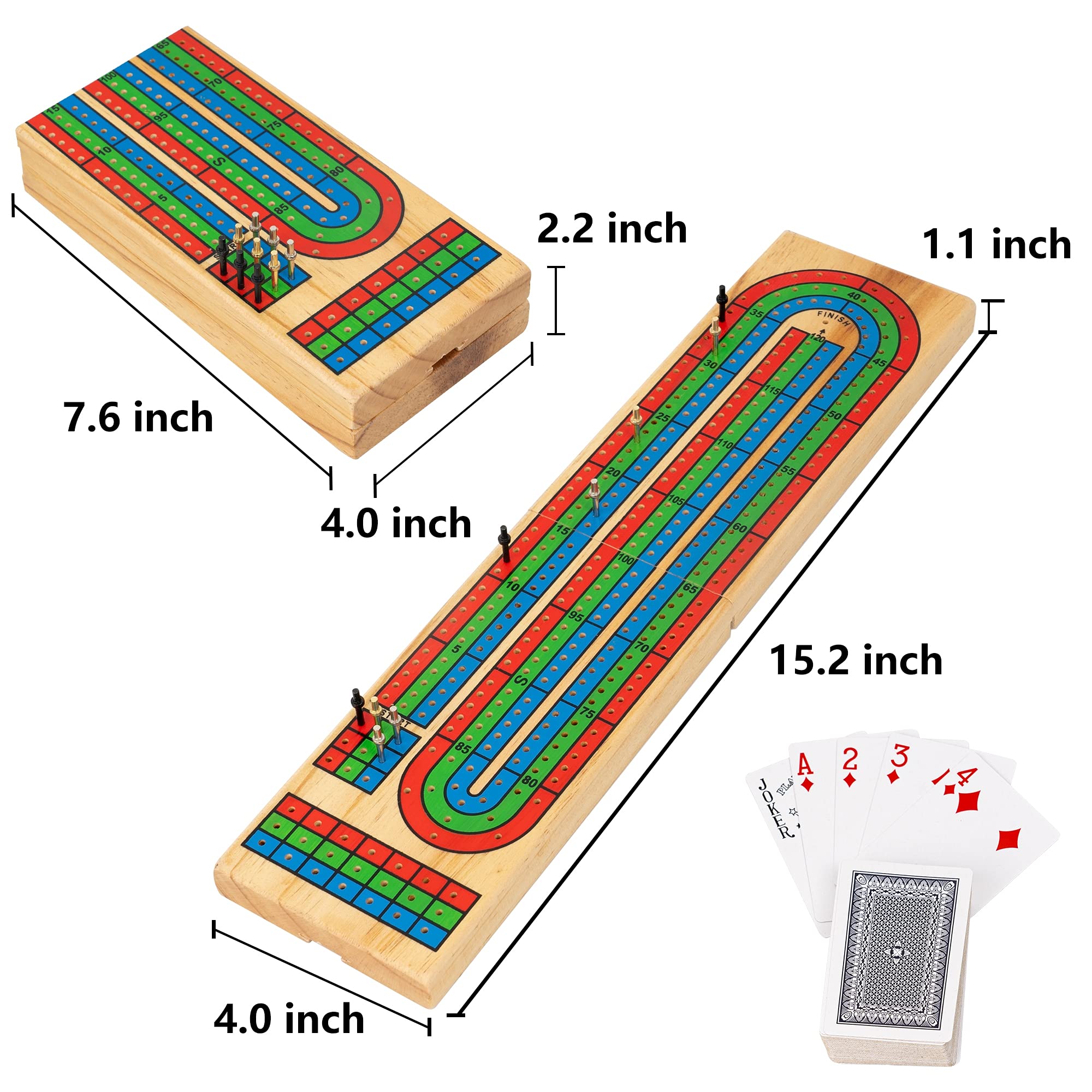 FUNPENY Traditional Wooden Cribbage Board Game Set, 3-Track Color Coded with Metal Pegs and Deck of Playing Cards