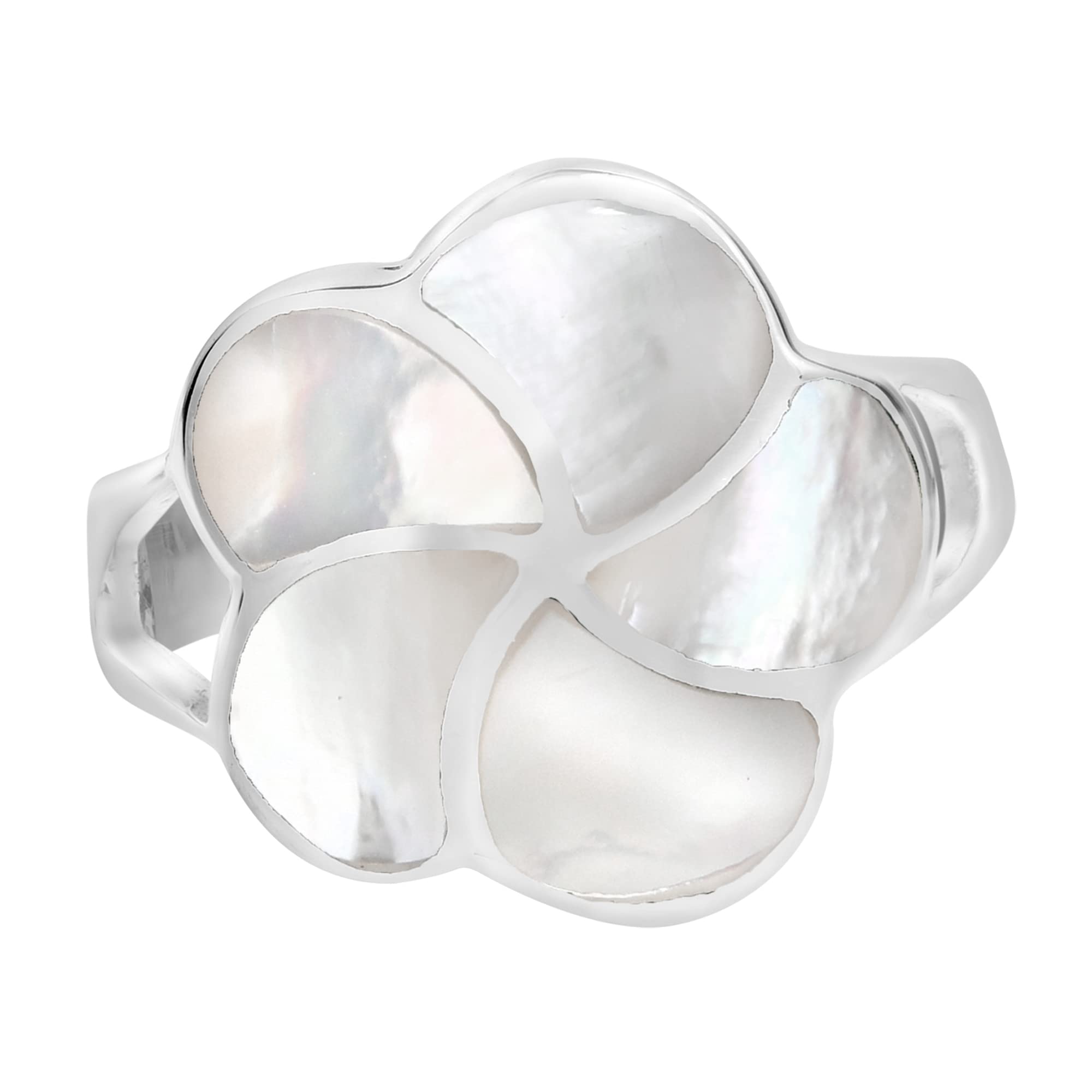 AeraVida Hawaiian Plumeria Flower White Mother of Pearl Inlay .925 Sterling Silver Ring
