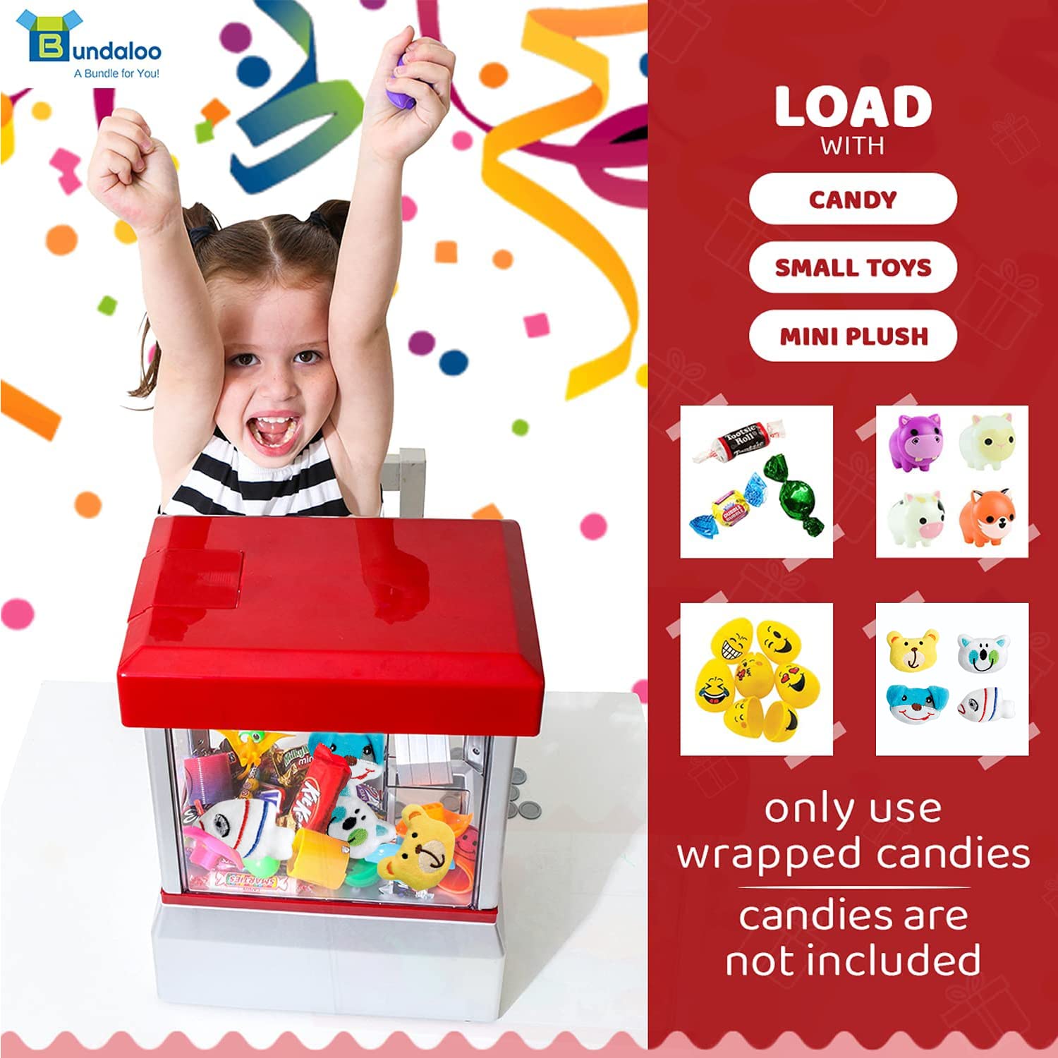 Bundaloo Claw Machine Arcade Game - Electronic Mini Candy and Toy Grabber Dispenser for Kids - with Lights Sound & 4 Mini Plush Animals (Red)