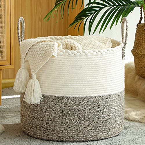KAKAMAY Large Cotton Rope Blanket Basket (20"x13"),Woven Baby Laundry Hamper,Blanket Basket for Nursery, Laundry, Living Room, Pillows, Toys (White/Beige)