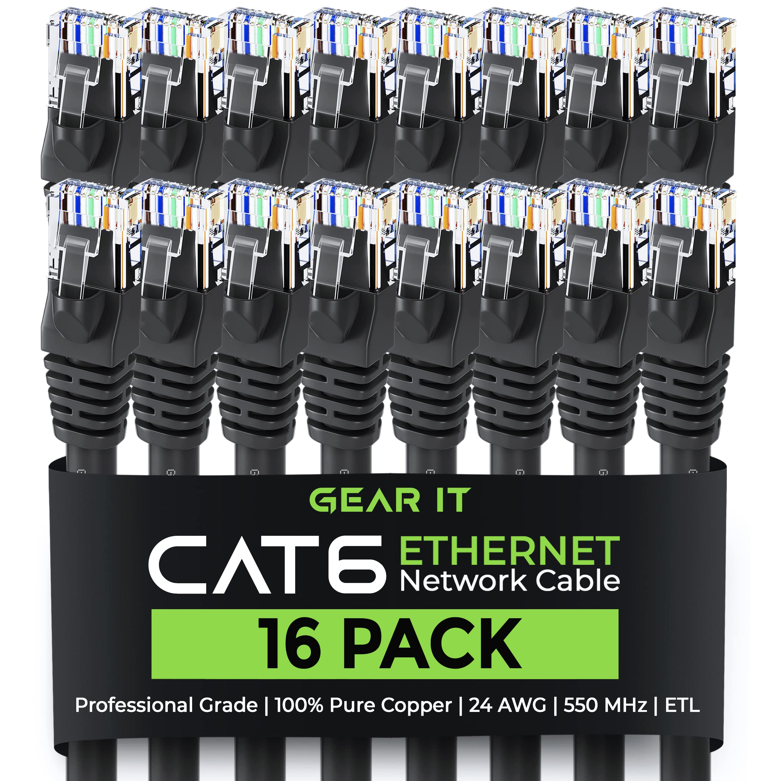 GearIT Cat 6 Ethernet Cable (16-Pack 7 Feet) Cat6 Network Patch, 10Gbps, RJ45, Snagless Cord, Gold-Plated Connectors, Internet for PC, TV, Tablet, Router, Printer, Servers, IT Data Center - Blue