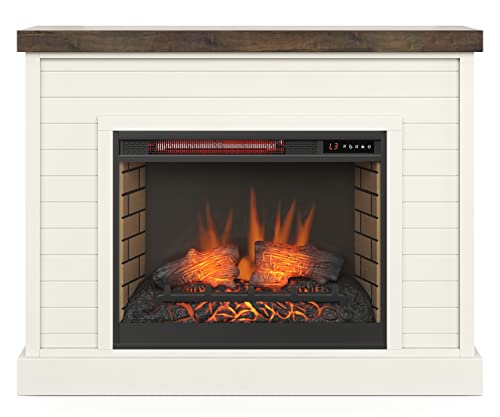 Bridgevine Home Electric Fireplace Mantel with Accent Wood Shelf and Surround, Realistic Logs and Flame Effect, Fireplace TV Stand, Adjustable LED Electric Heater with Remote Control, 48 Inch, White