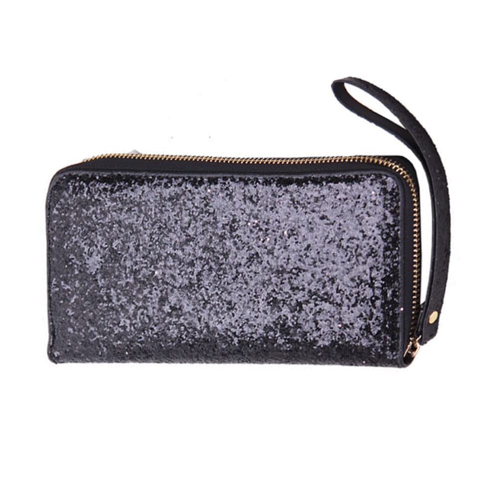 FuSi Sequined Wallet Casual 2-Fold Long Coin Purse for Gift (Black)