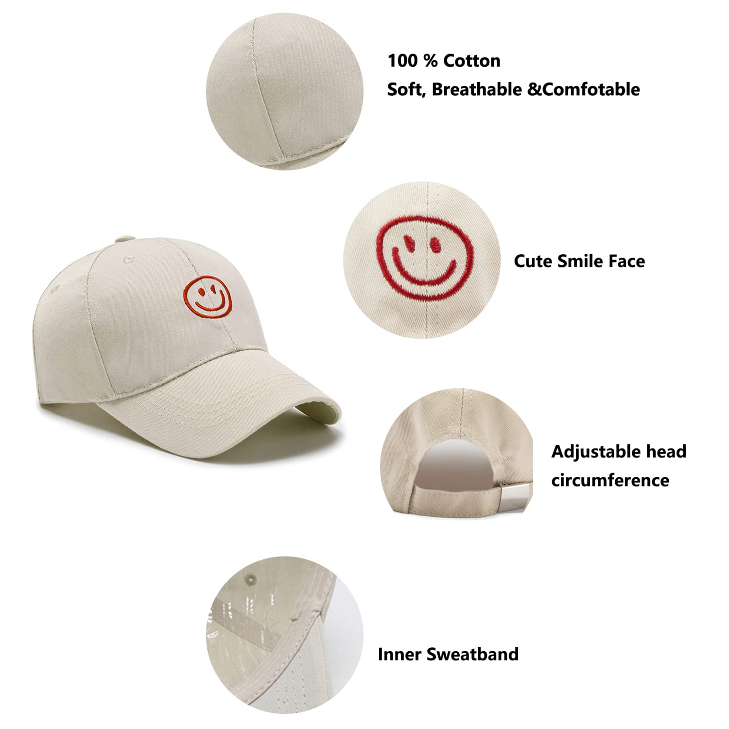 AJG Smiley Face Baseball Cap Men Women Cotton Adjustable Dad Hat Classic Casual Outdoor Unisex Trucker Hat (2Pack-Black&Yellow)