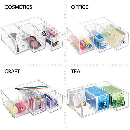 mDesign Plastic Kitchen Pantry Stackable Storage Organizer Container Station with 3 Drawers for Cabinet, Countertop, Holds Coffee, Tea, Sugar Packets, Creamers - Lumiere Collection - Clear